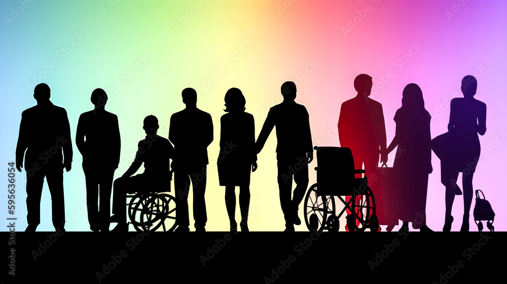 Silhouettes of an inclusive business group in a rainbow were captured ...
