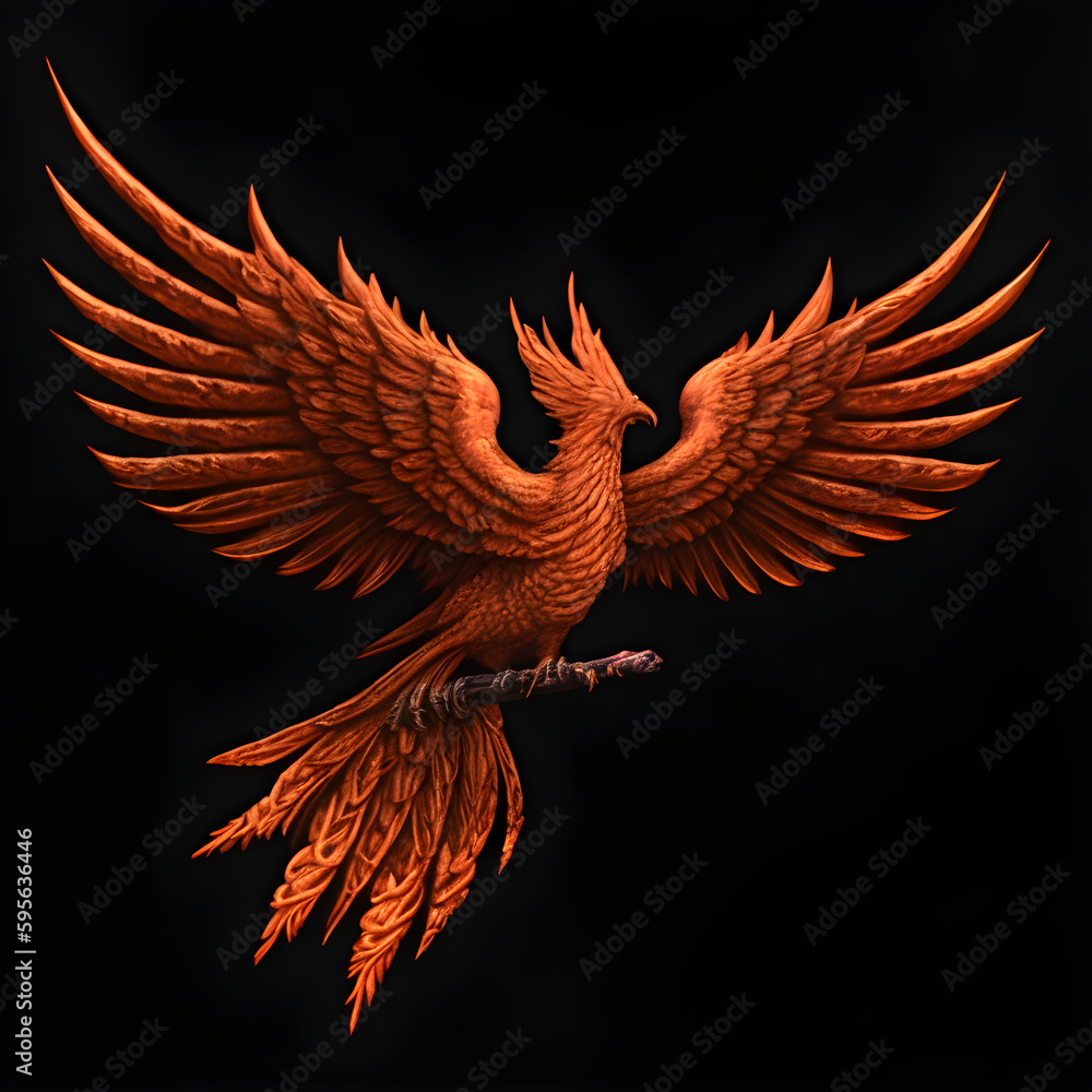 phoenix fire bird, black background, detailed bird, red orange burning ...