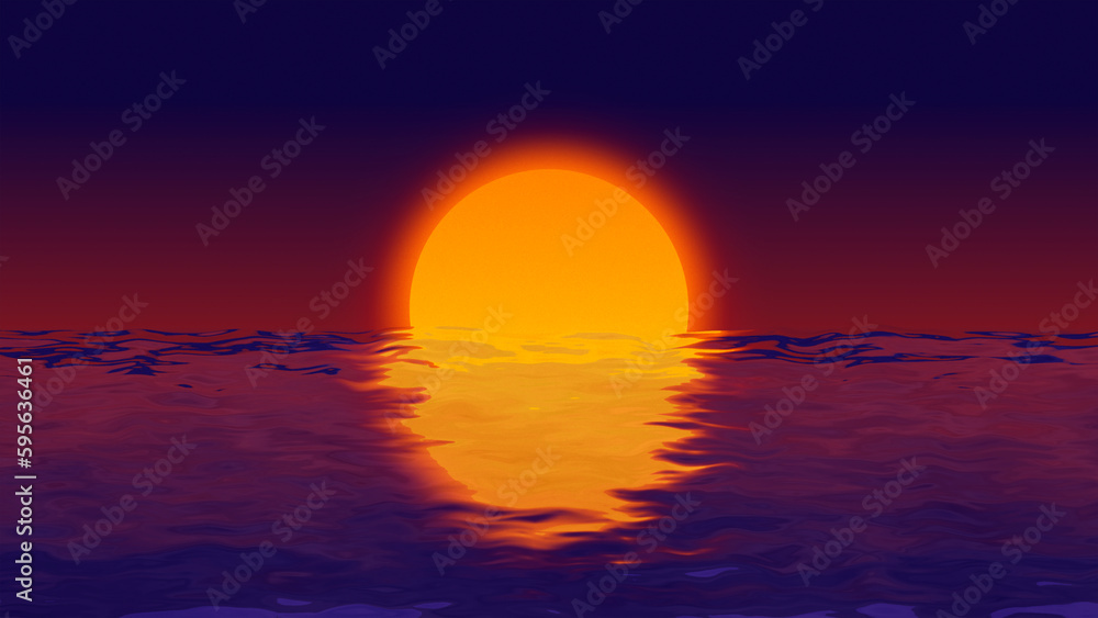 Image of a sunset on sea beach at evening cartoon style retro ...