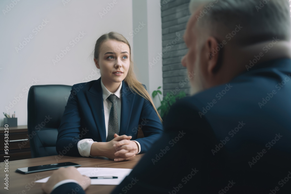 First job interview concept.Young female wearing suit talking to male ...