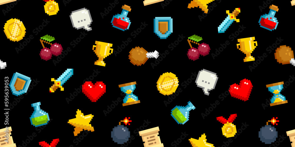 Pixel icons and symbols in 8-bit retro video game style seamless ...