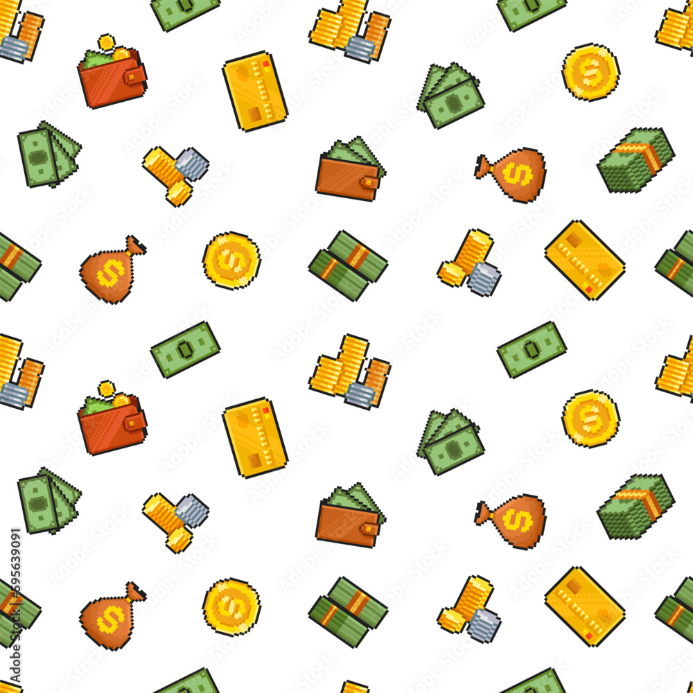 Pixel Art Cash Money icons and symbols seamless pattern backgroud. 8 ...