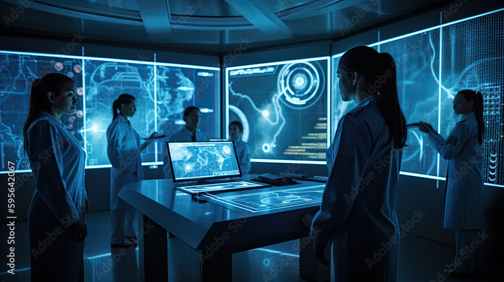 Skilled doctor consulting with team using advanced blue glowing holographic board that projects ...