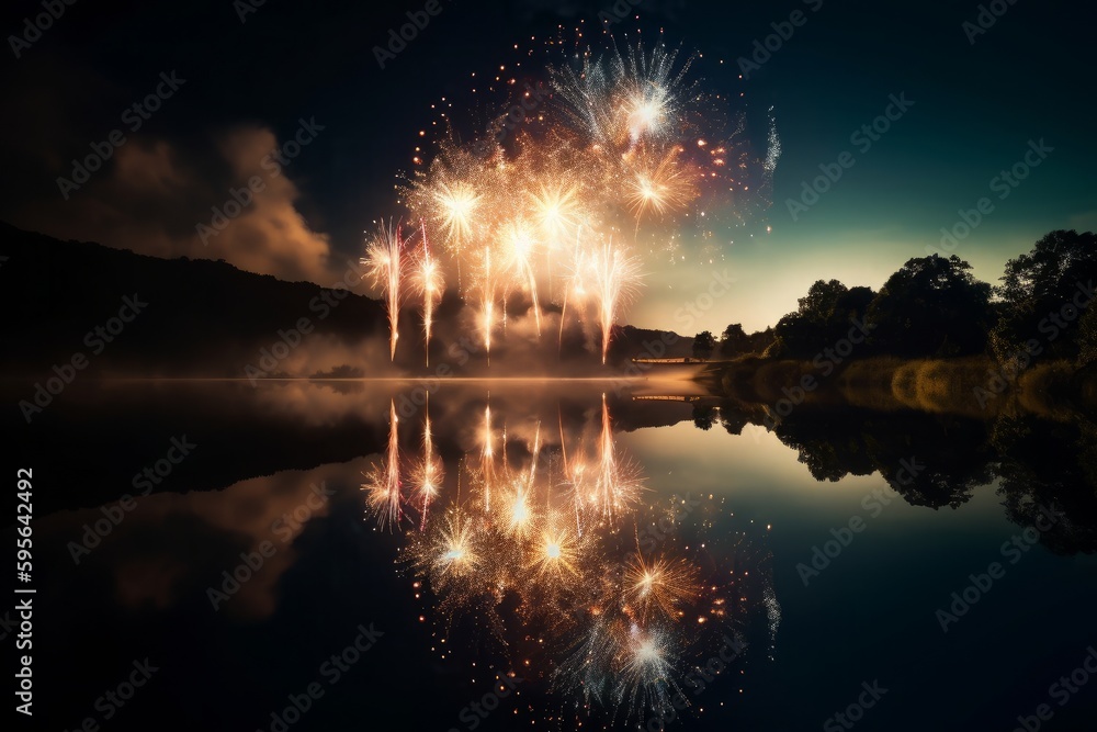 Tranquil Lake Illuminated by Fireworks Display created with Generative ...