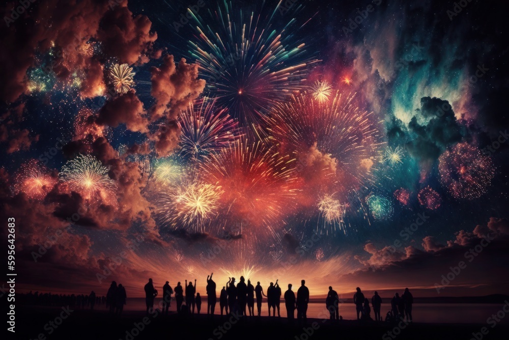 fireworks filling up the sky with people watching created with ...