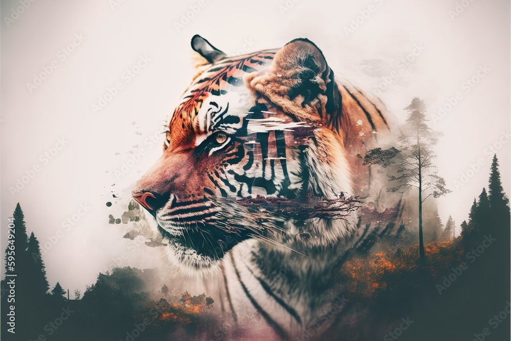 Striped bengal tiger in double exposure merge its head with lush forest ...