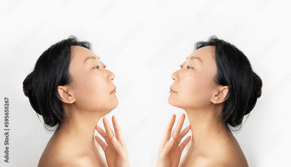 Part of face, Asian woman with double and perfect chin isolated on ...