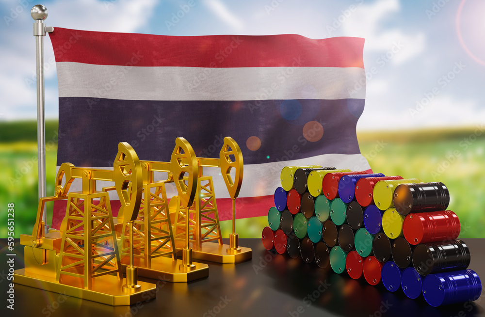 The Thailand's petroleum market. Oil pump made of gold and barrels of ...
