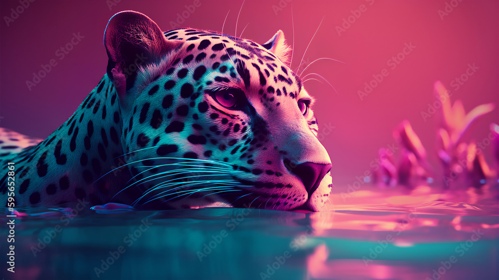 A leopard wading through water in a vaporwave pink and blue color ...