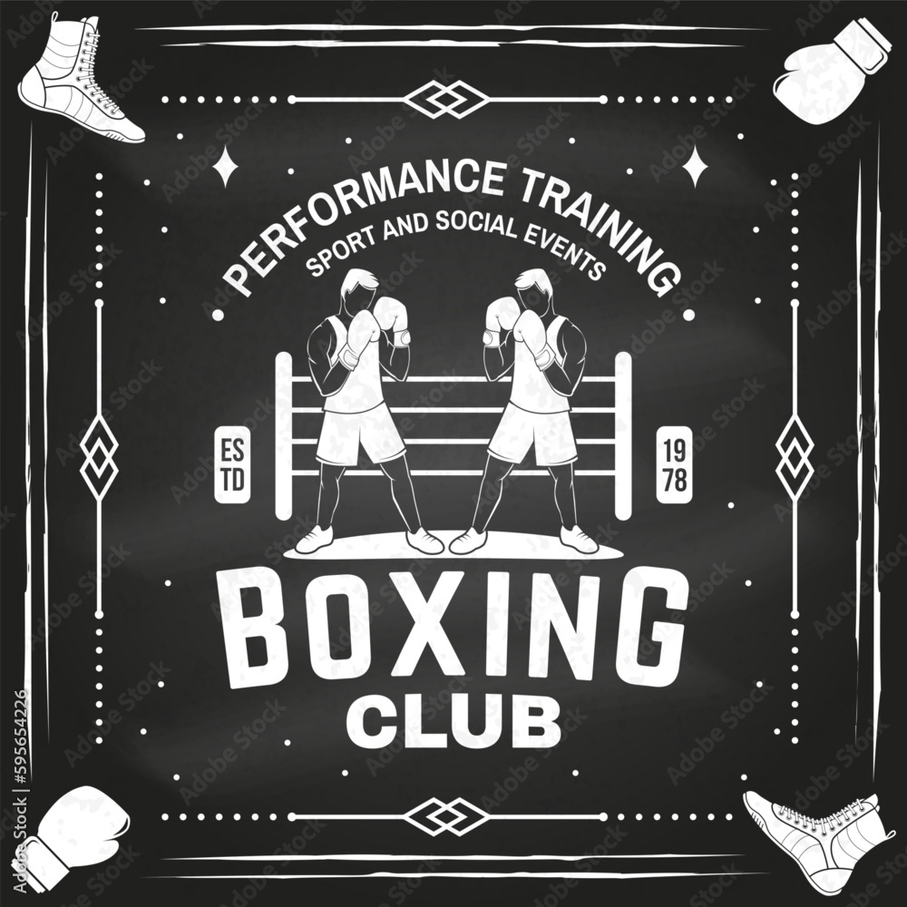 Boxing club badge, logo design on chalkboard. Vector illustration. For ...