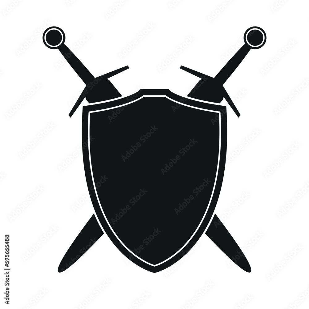 shield with two crossed swords icon silhouette, vector illustration of medieval sword isolated ...
