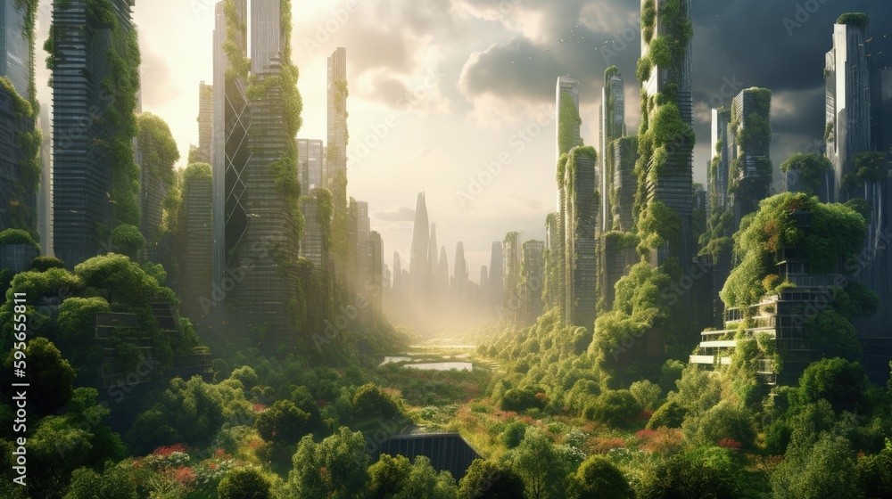 Futuristic Eco Cityscape with Abundant Greenery - Digital Art - Perfect ...