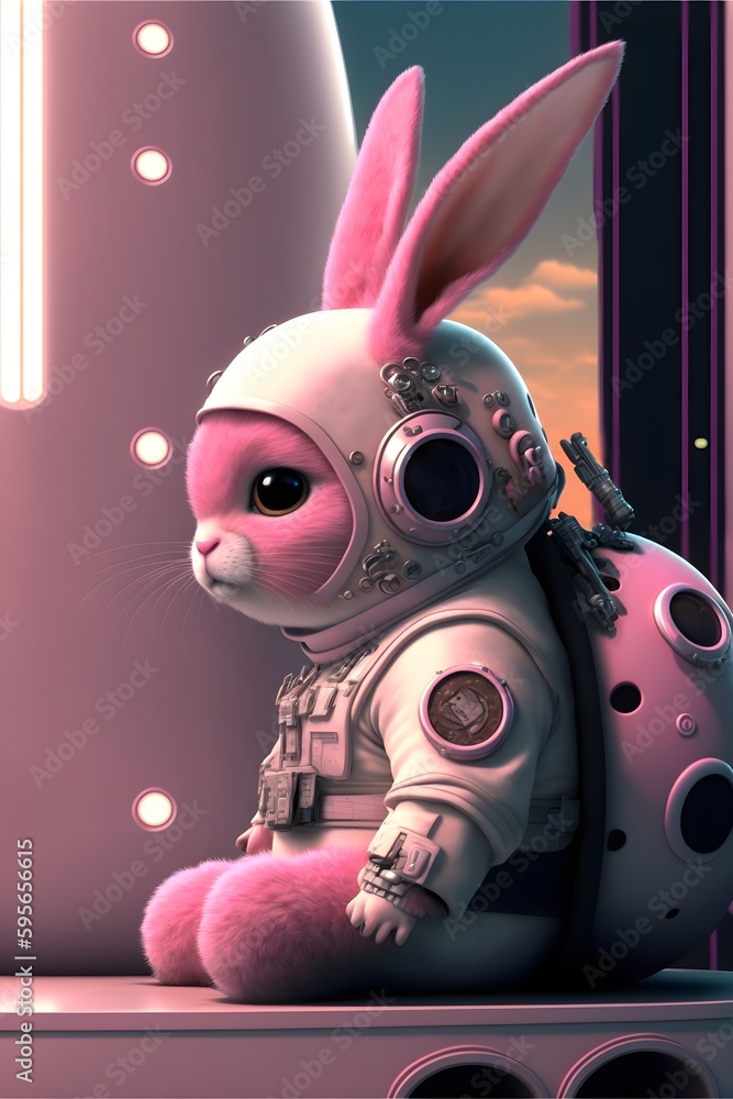 pink sci fi bunny sitting on top of a highrise looking nervously at the ...