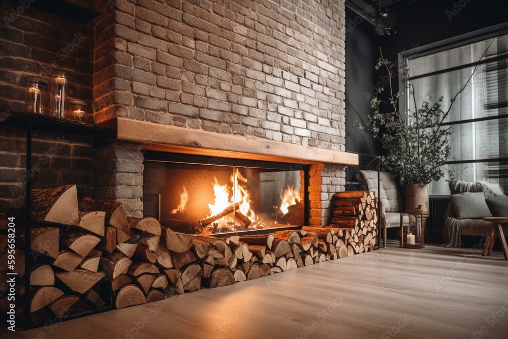 Rustic fireplace with firewood in modern loft style home with brick ...