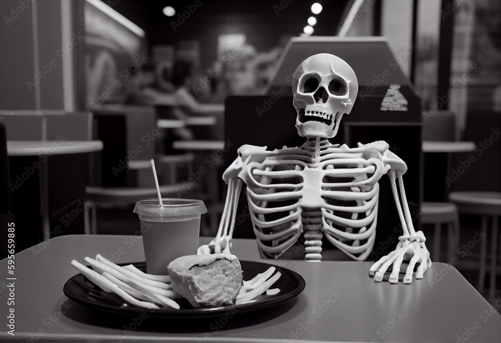 The human skeleton sits at a table in the food court and eats fast food ...