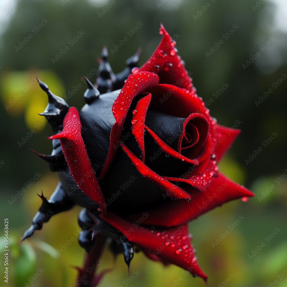 Unusual black red rose with dew drops close-up, unusual flower ...