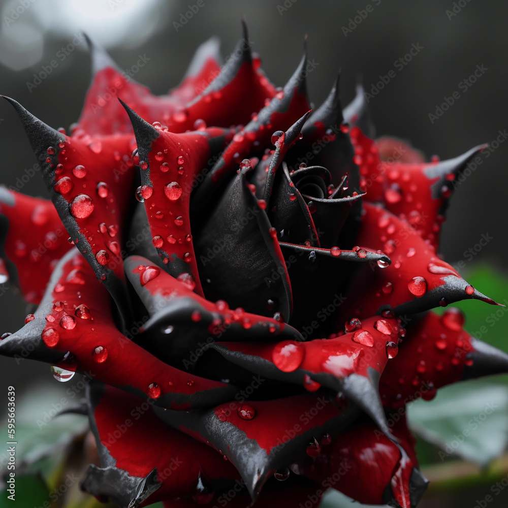 Beautiful black red rose with dew drops close-up, unusual flower ...