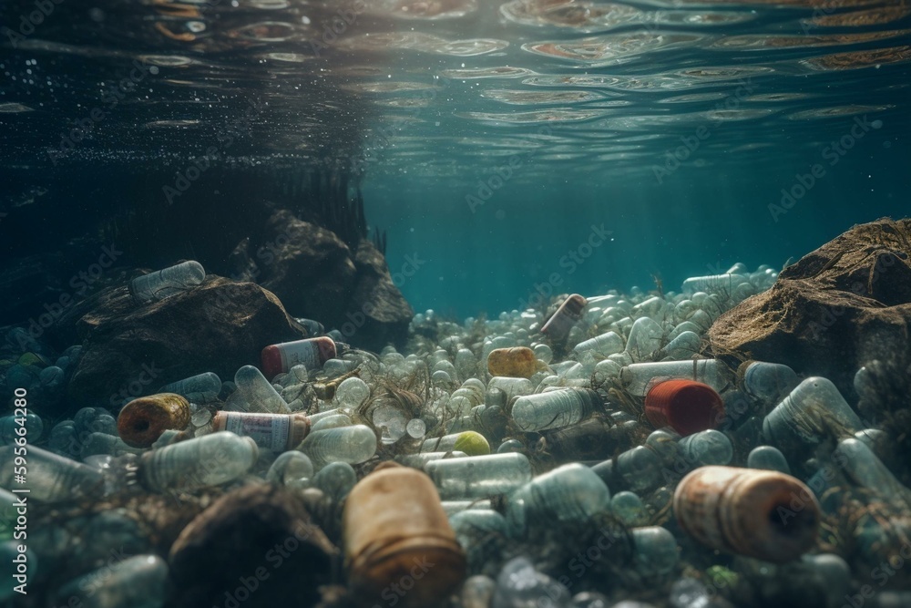 Submerged plastic litter and pet bottles, visualizing environmental ...