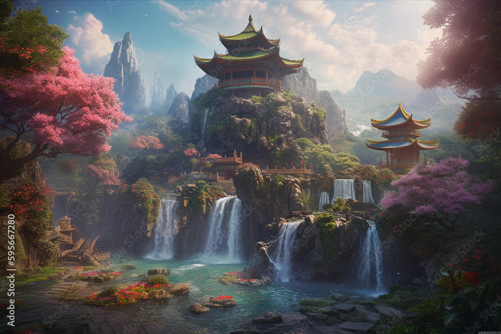 Beautiful Japanese Fantasy Landscape BACKGROUND, with a nice Temple and ...