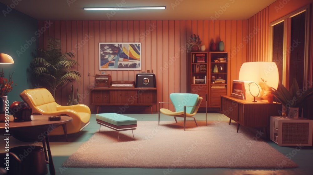 Retro interior design room with beautiful lightning generative ai Stock ...