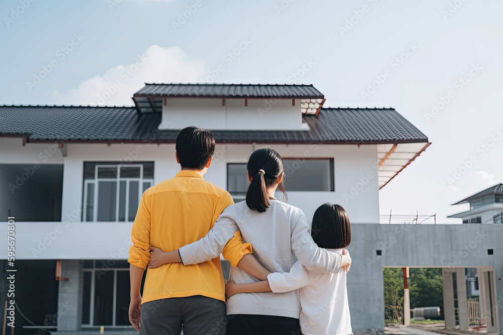 Man and woman dream of buying new house. Happy family stands in front ...
