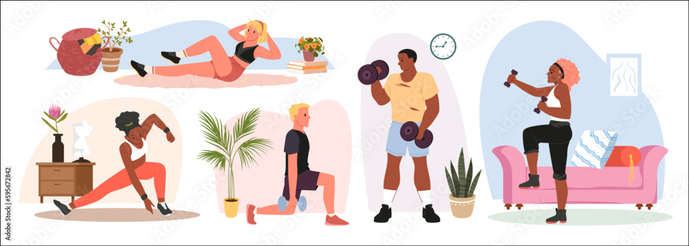 Cartoon young male and female characters training in living room ...
