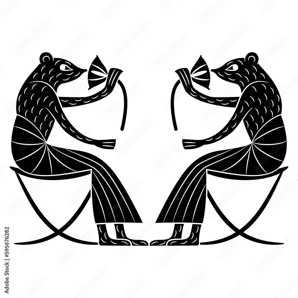 Symmetrical animal design with two funny lady mice or rats in skirts ...