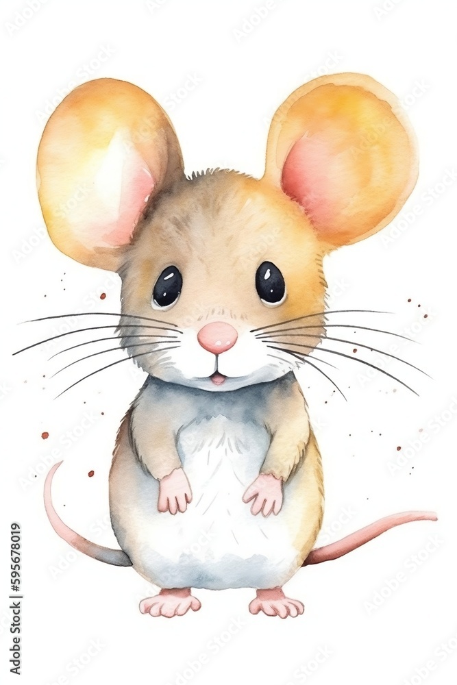 watercolor portrait of cute mouse with big eyes and ears. vector ...