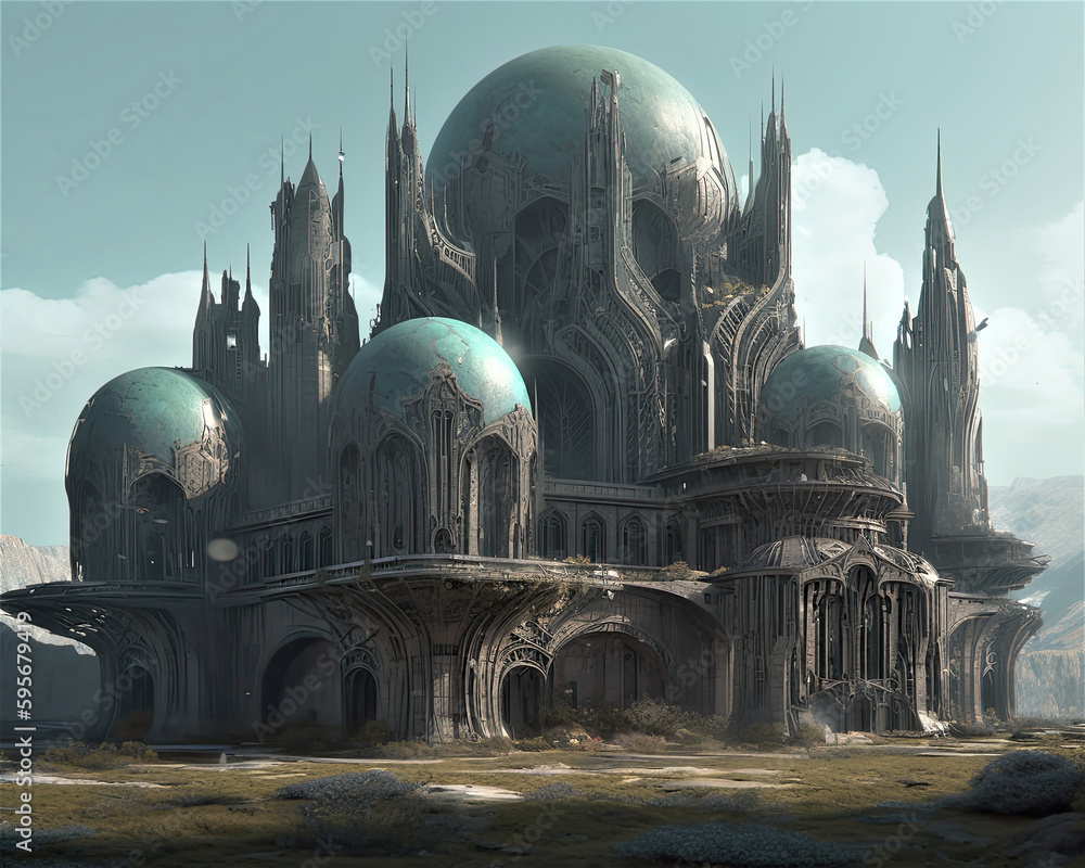 fantasy building with round spherical dome roofs, another planet ...