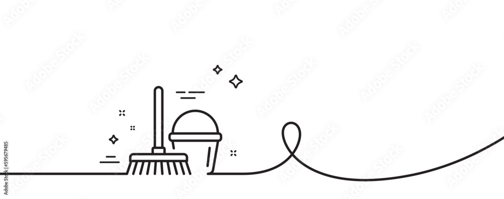 Cleaning bucket with mop line icon. Continuous one line with curl ...