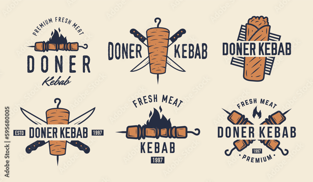 Doner Kebab logo set. 6 Kebab restaurants emblems. Fast food labels ...