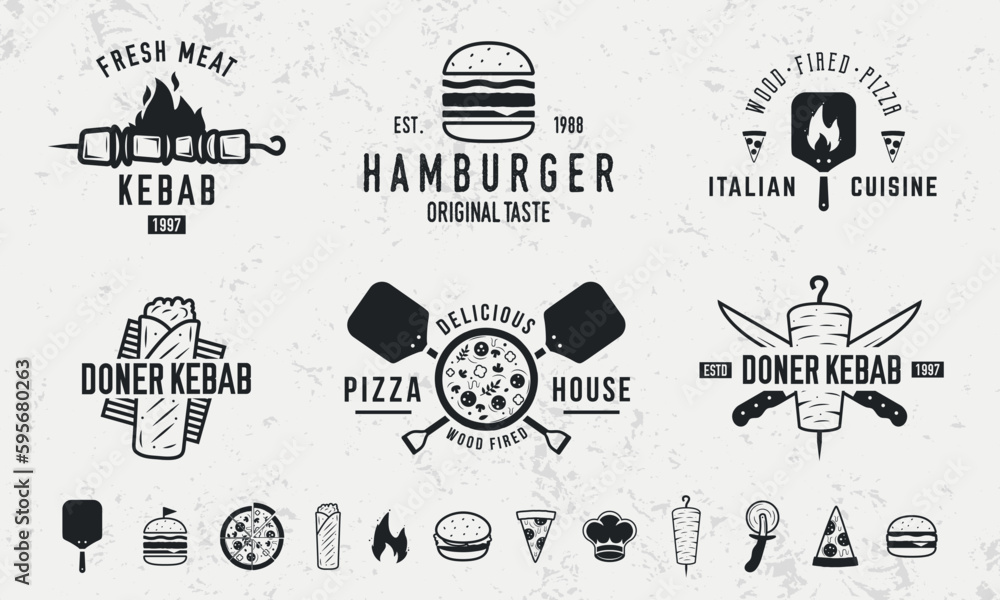 Vintage food logo set and 12 design elements for restaurant business ...