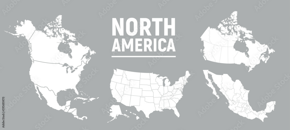 Vector North America maps set. USA, Canada and Mexico map isolated on ...
