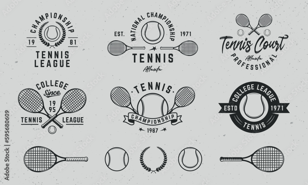 Vintage Tennis logo templates and 5 design elements for Tennis graphics ...