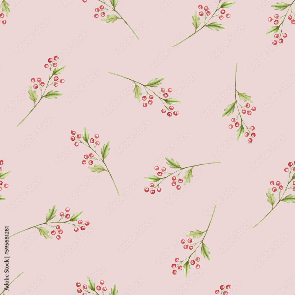 Watercolor drawing, sprig of red berries. Seamless pattern Cranberries ...