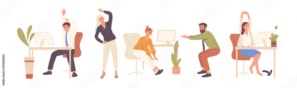 Set of people office worker doing active physical exercises during ...