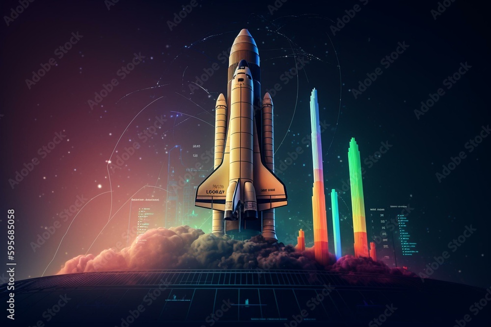 Illustrated rocket ship with bar chart, gradient background. Generative ...