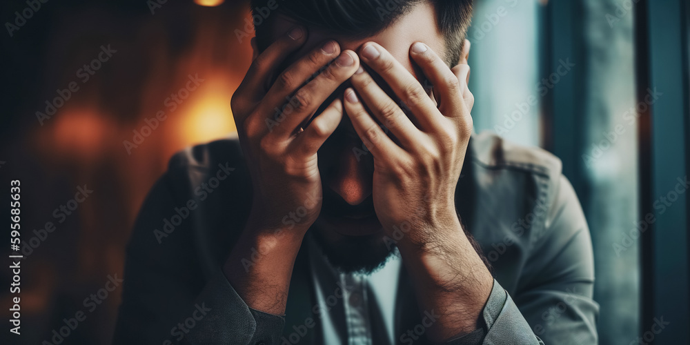 Total disappointment. Desperate Man looking exhausted and covering his ...