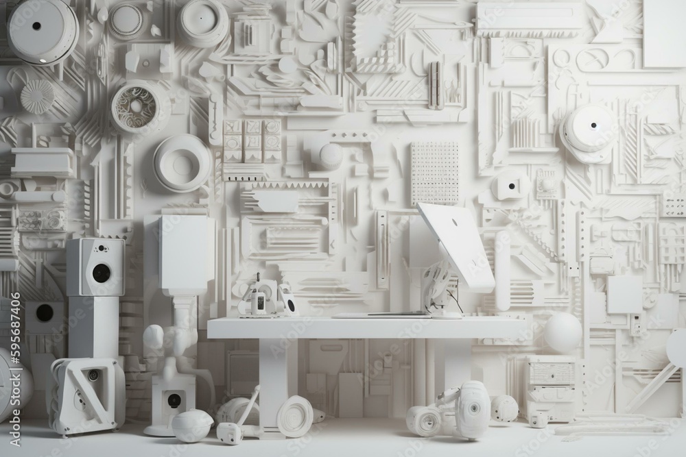 White technical wall built with diverse 3D shapes. Generative AI Stock ...