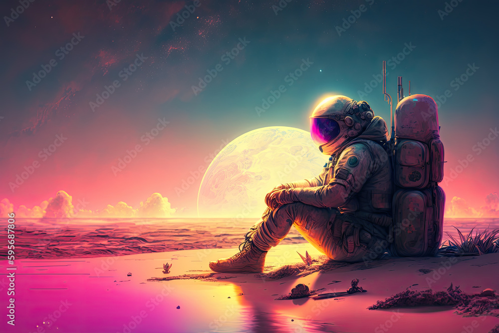 Astronaut sitting on the beach with a view of the planet, digital art ...