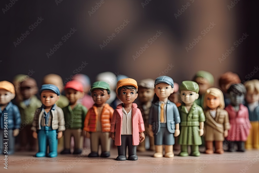 Miniature people figurines of international crowd of kids of different ...