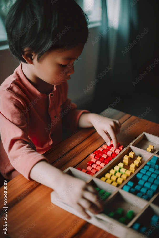 Young Asian boy, child playing quietly with wooden toys, surrounded by ...