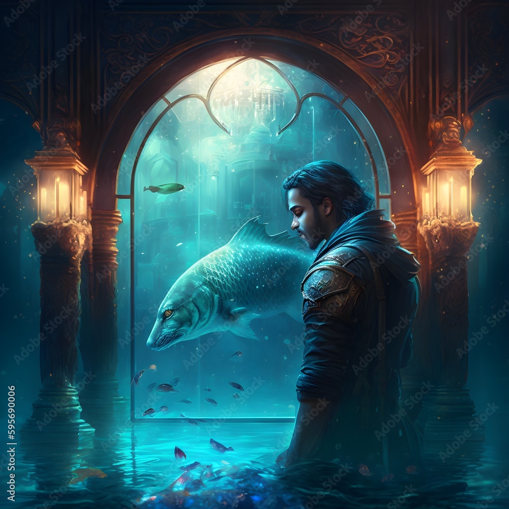 scifi fantasy young handsome Turkish sultan cinematic lighting big glass window looking under ...