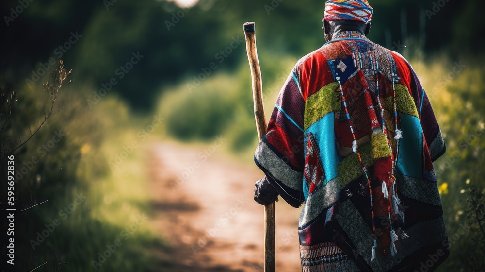 An african wearing tradtional clothes with a stick in the villages of ...