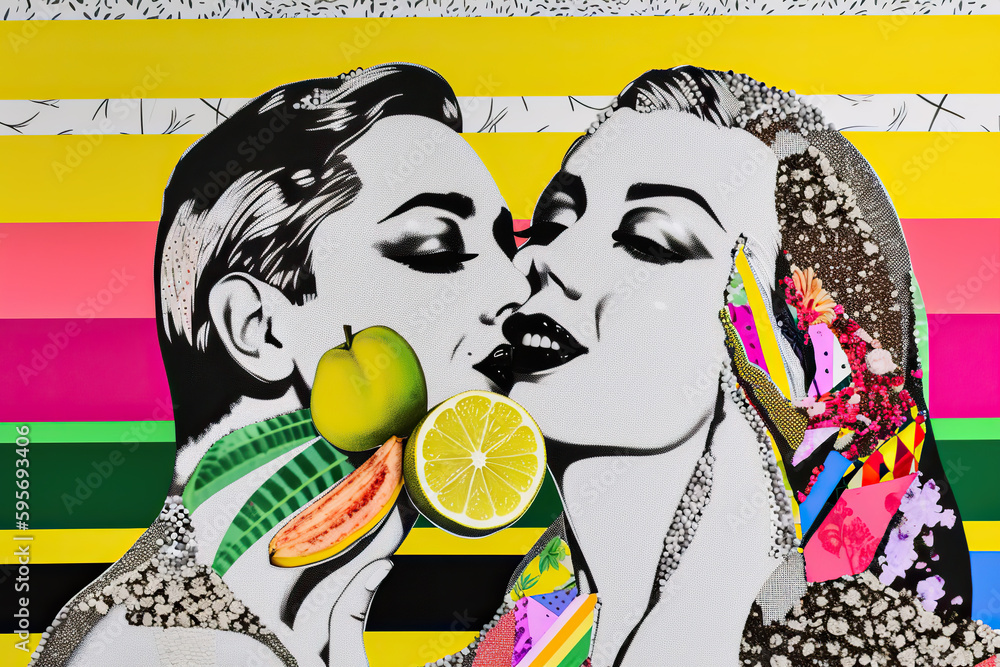 Generative AI pop art illustration of lesbian women with exotic fruits ...