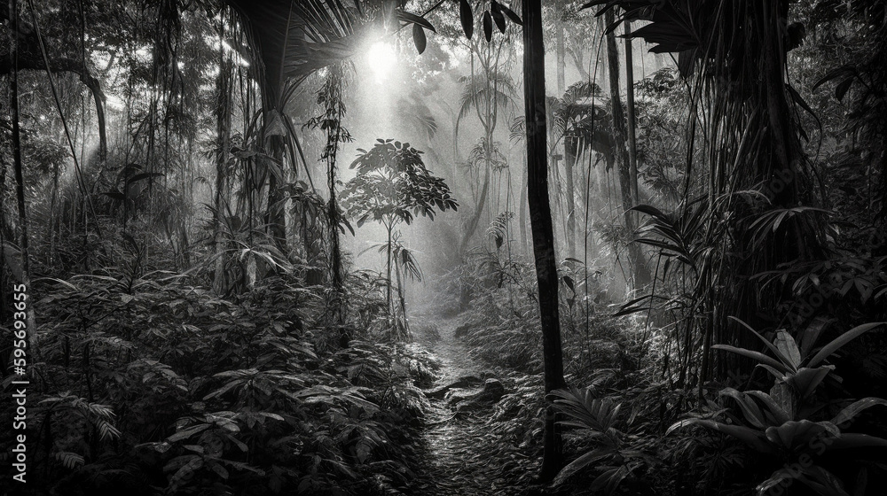 Beautiful light in the Amazon rainforest, captured in a black and white ...