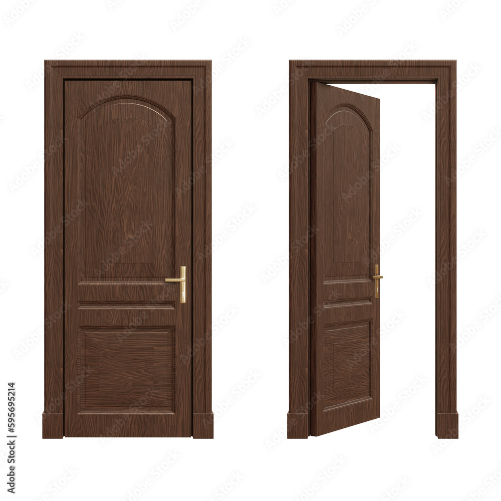 Classic wooden door closed and open isolated on transparent background ...