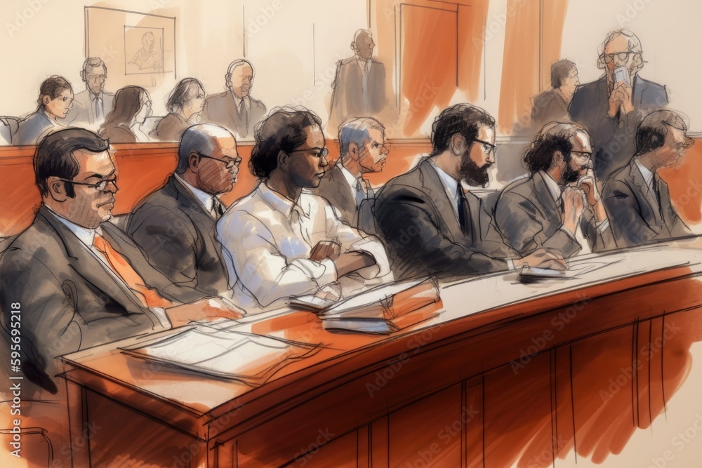 Illustration of a jury sitting in a courtroom, waiting to deliver a ...