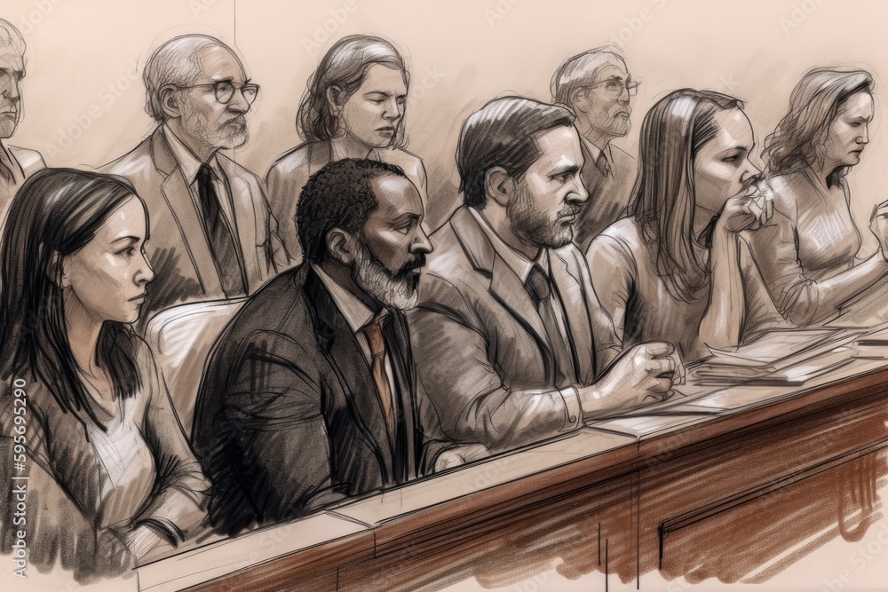 Illustration of a jury sitting in a courtroom, waiting to deliver a verdict. The jurors are ...