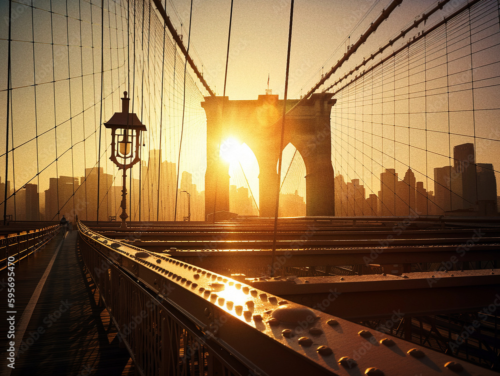Golden Hour at the Iconic Brooklyn Bridge - generative AI ilustração do ...